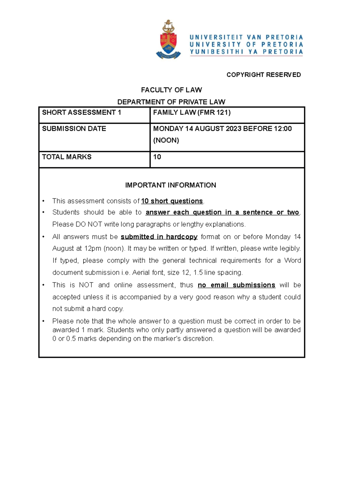 Short assessment 1 - COPYRIGHT RESERVED FACULTY OF LAW DEPARTMENT OF ...