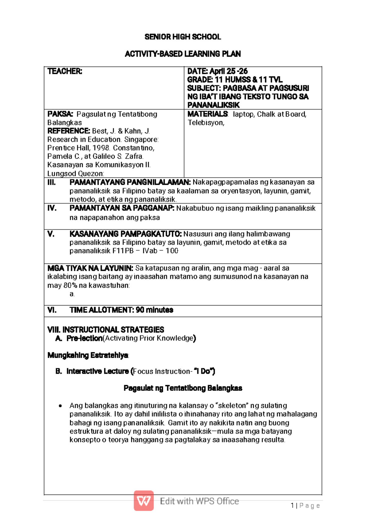 Activity Based Learning PLAN Balangkas - SENIOR HIGH SCHOOL ACTIVITY ...