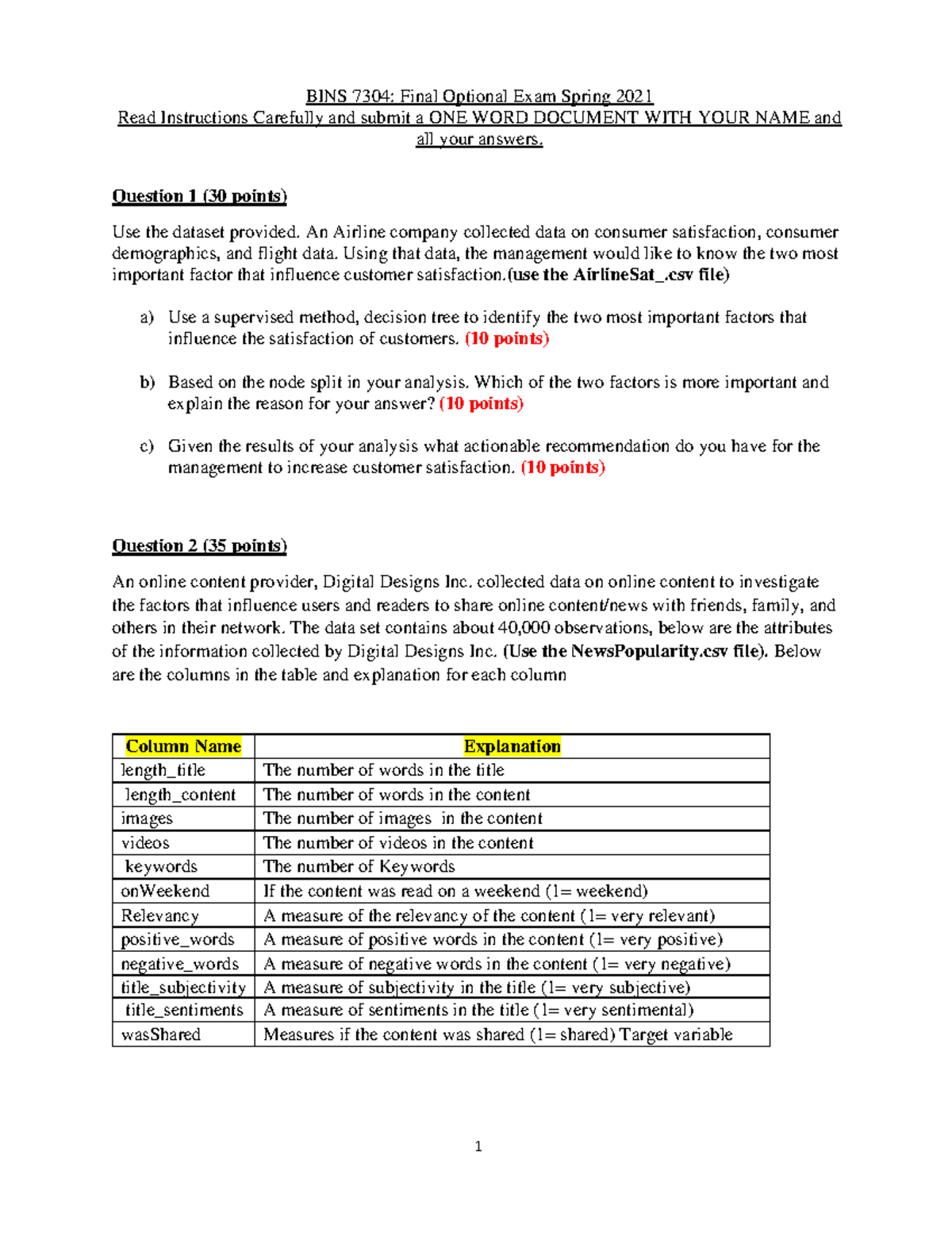 Final Optional Exam 1S2021 BB - 1 BINS 7304: Final Optional Exam Spring ...