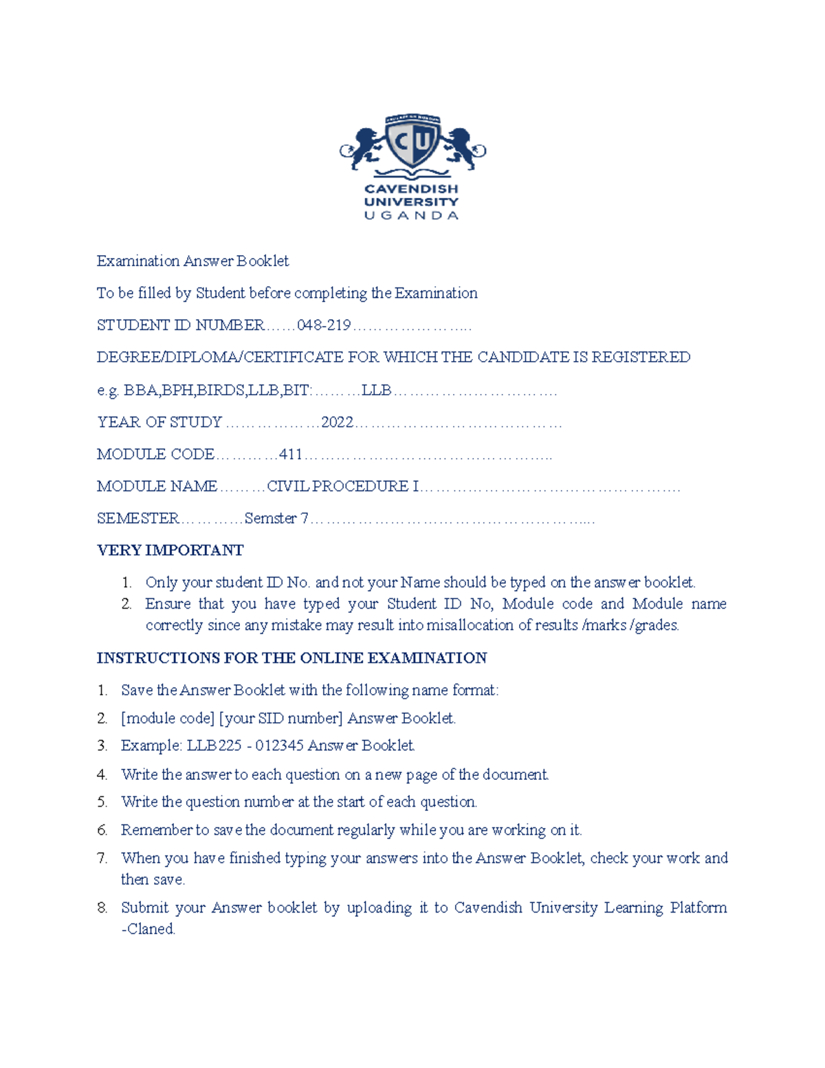 LLB 411 - 048-219 Answer Booklet - Examination Answer Booklet To be ...