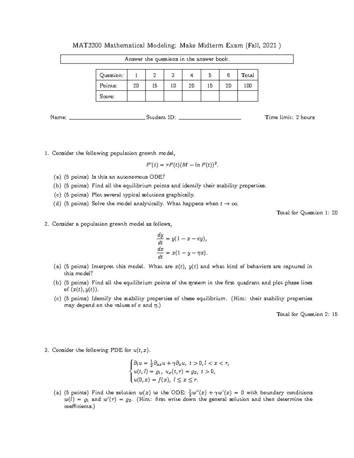 Midterm Makeup 2021F - ... - MAT3300 Mathematical Modeling: Make ...