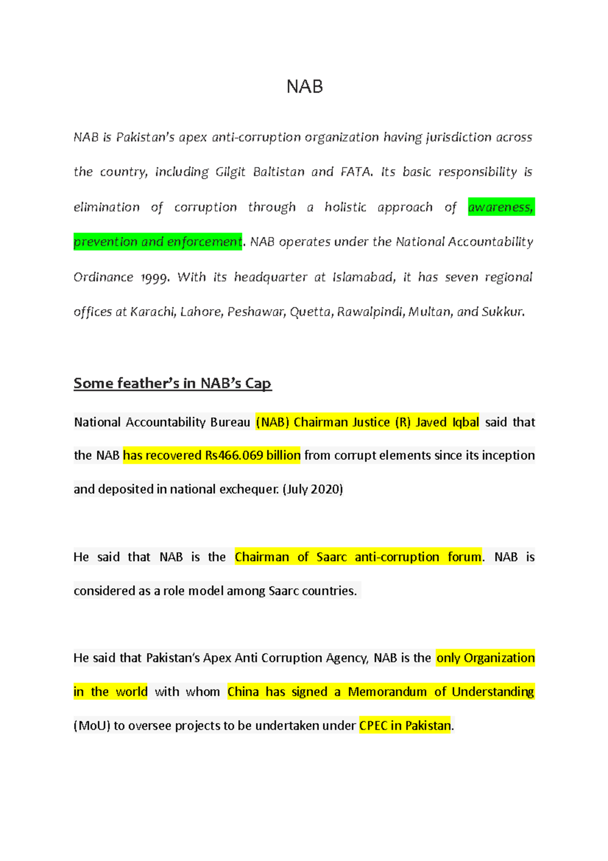 Role of NAB - NAB NAB is Pakistan’s apex anti-corruption organization ...