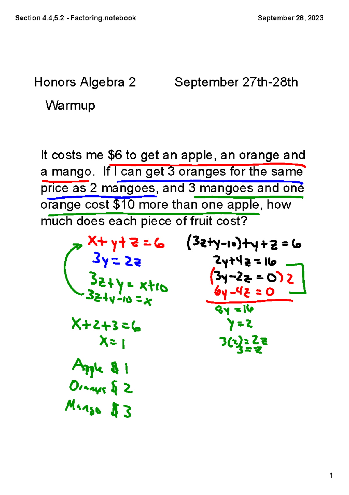 Factoring+-+September+28th - Honors Algebra 2 September 27th28th Warmup ...