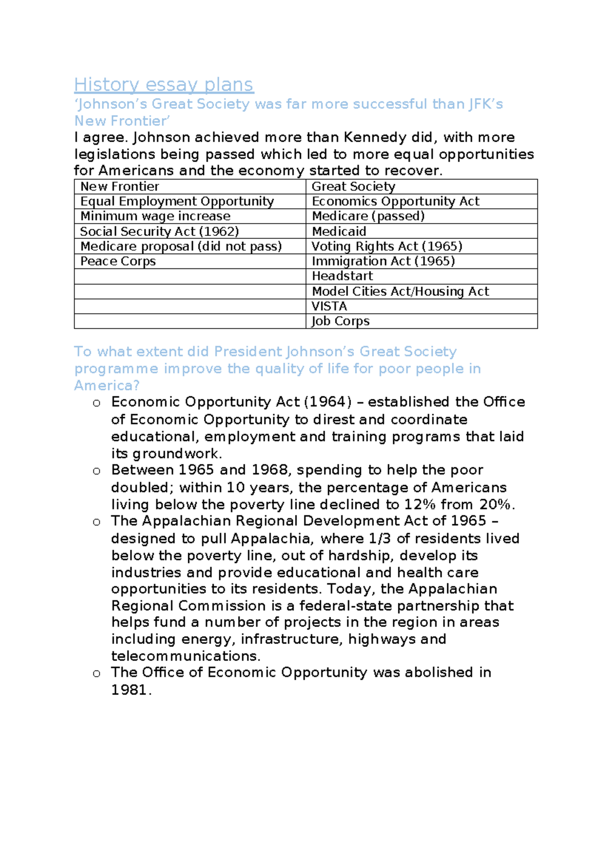 History essay plans - History essay plans ‘Johnson’s Great Society was ...