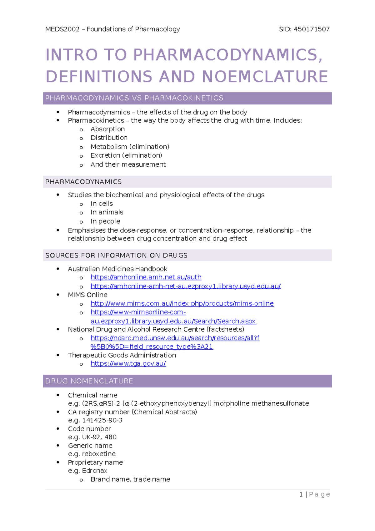 Lecture 3 - Intro to Pharmacodynamics Notes - INTRO TO PHARMACODYNAMICS ...