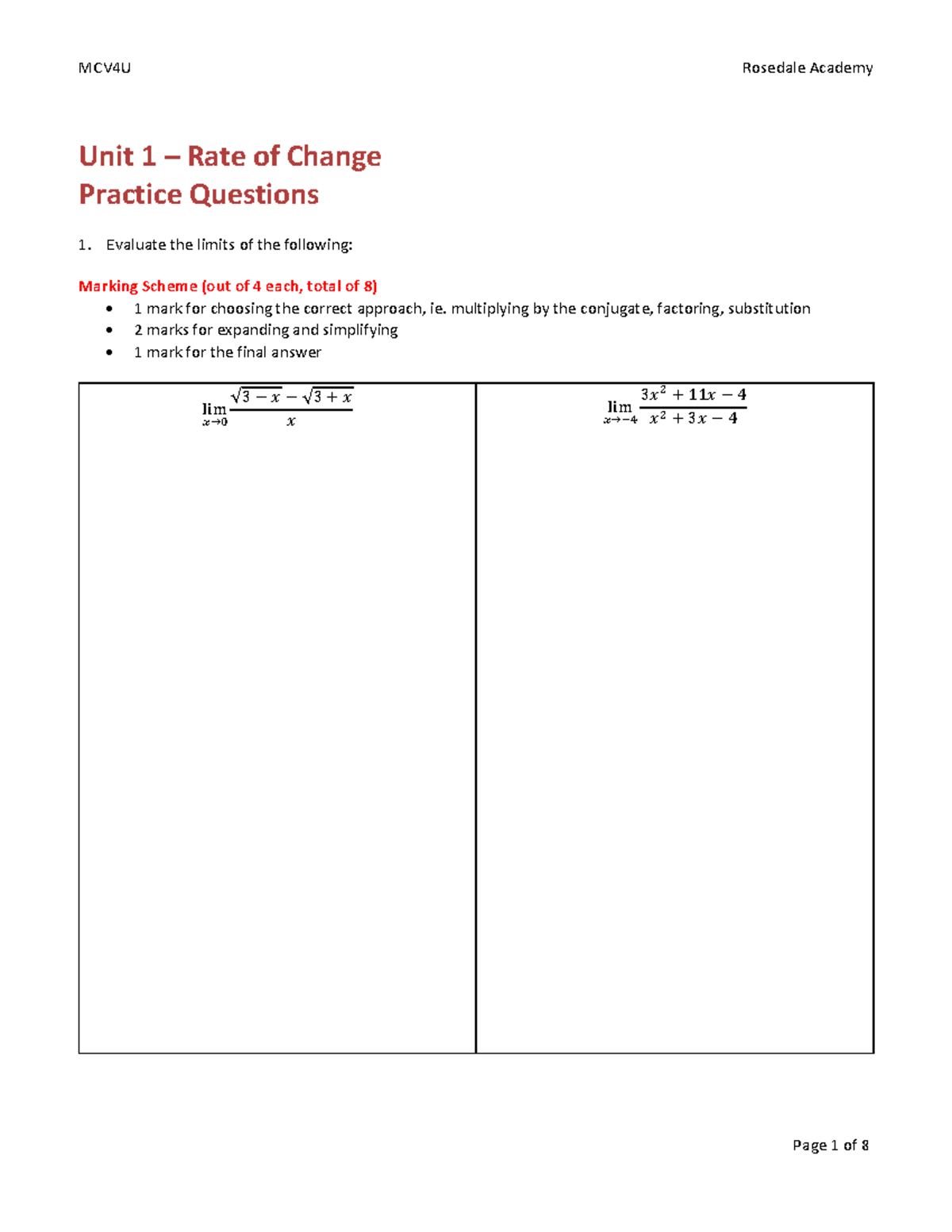 Unit 1 mcv - Practice questions for Unit 1 of MCV4U - Unit 1 – Rate of ...