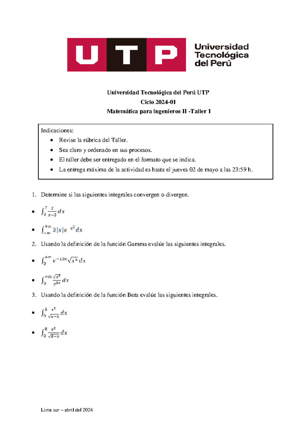 Taller mate 2 - Lima sur – abril del 2024 Universidad Tecnológica del ...