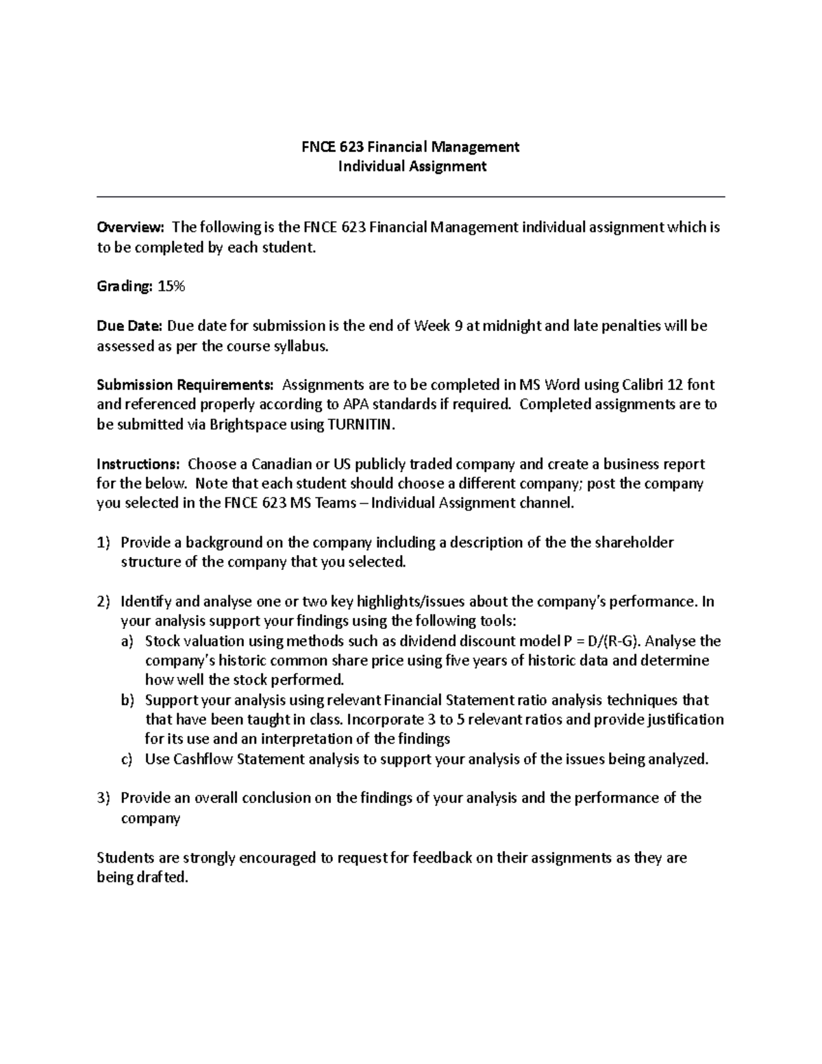 FNCE 623 Financial Management - Individual Assignment v2.0 - FNCE 623 ...