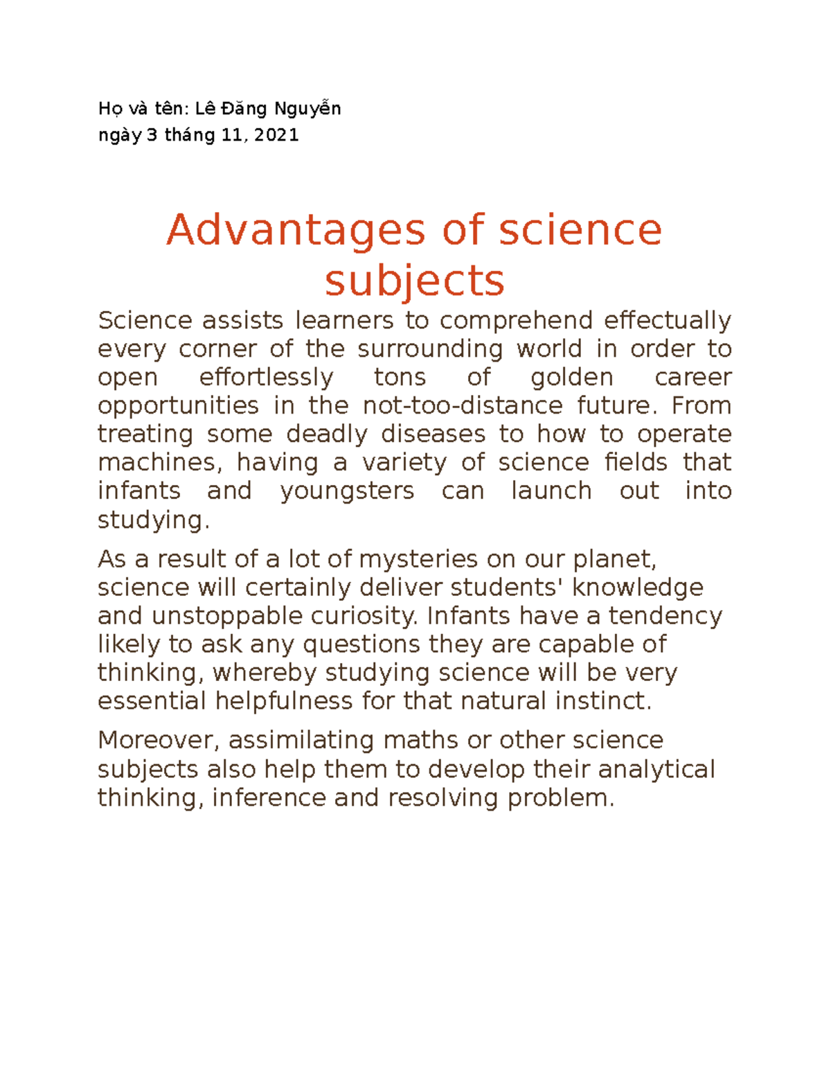 Advantages of science subject - Họ và tên: Lê Đăng Nguyễn ngày 3 tháng ...