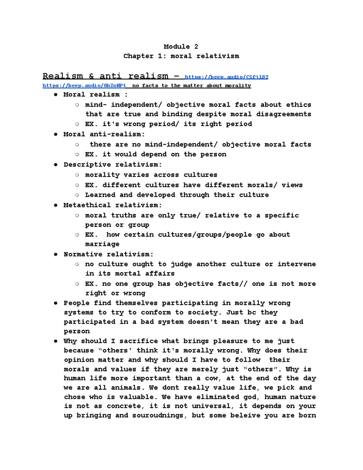 Ethics module 2 - Module 2 Chapter 1: moral relativism Realism & anti realism 3 beep/CSfjl - Studocu
