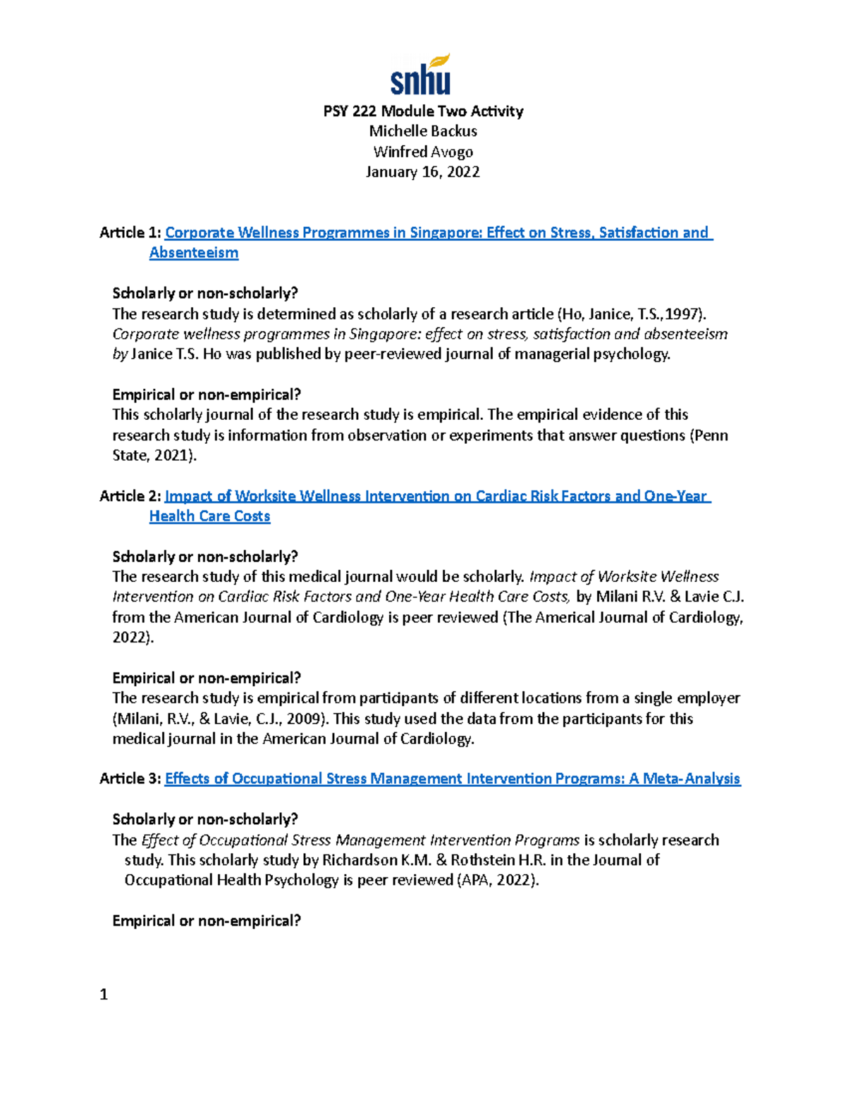 PSY222 Module Two Activity - PSY 222 Module Two Activity Michelle ...