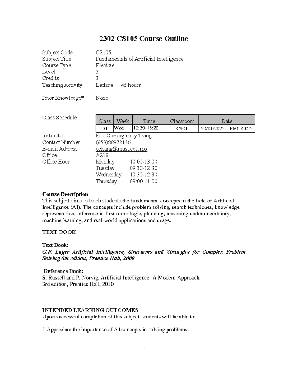 CS105 Fundamentals of Artificial Intelligence D1 2302 Course Outline 1 ...