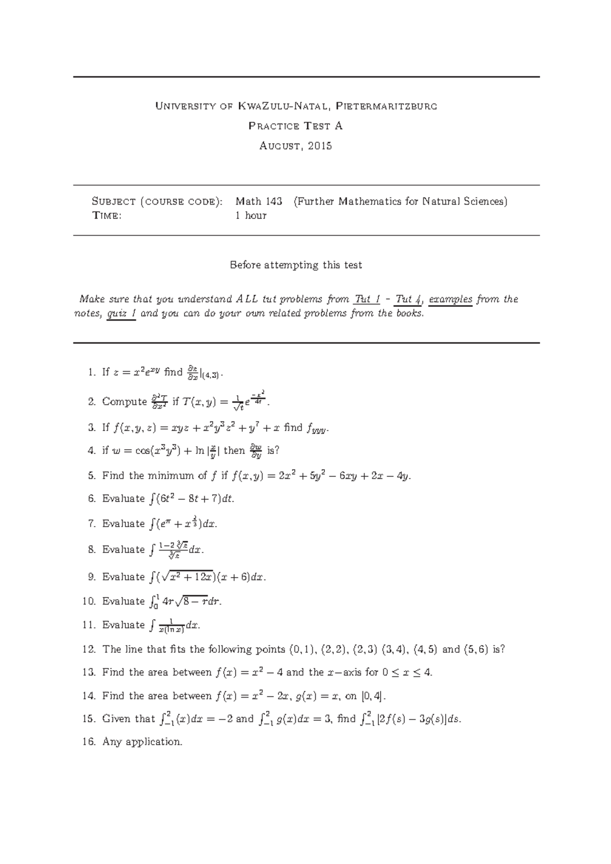 Math143 test A - Mathematics 143 - University of KwaZulu-Natal ...