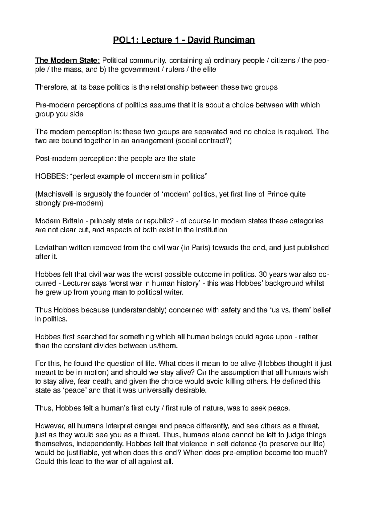 POL1 - Lecture 1, Intro to Hobbes - POL1: Lecture 1 David Runciman The Modern State: Political ...