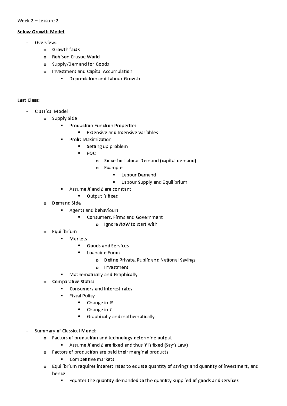 Week 2 Lecture 2 - Solow Growth Model - Growth facts - Week 2 – Lecture 2 Solow Growth Model ...
