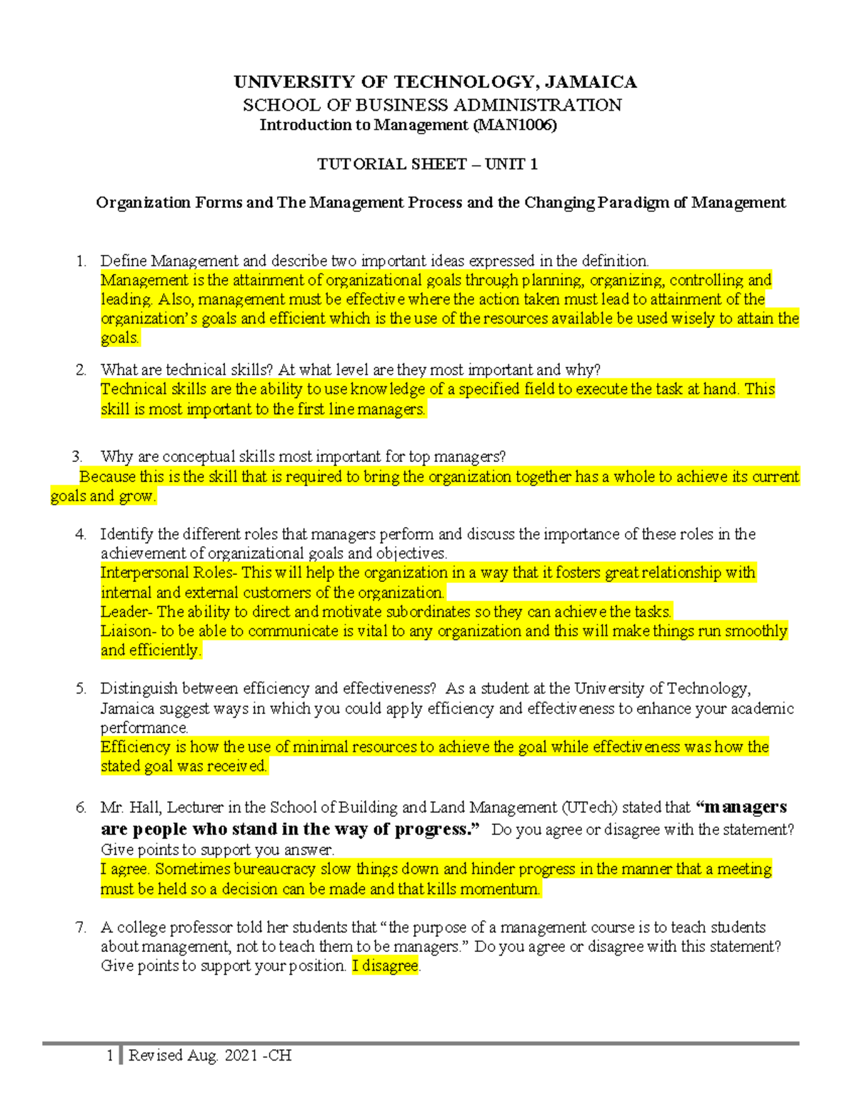 ITM Tutorial Unit 1 Fun. of Mgmt. Student - revised August 2021 - UNIVERSITY OF TECHNOLOGY ...