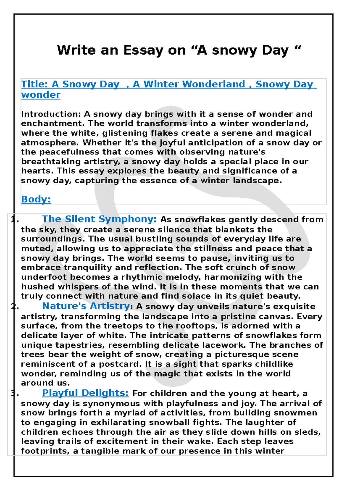 A Snowy Day , A Winter Wonderland , winter - English I (Functional ...