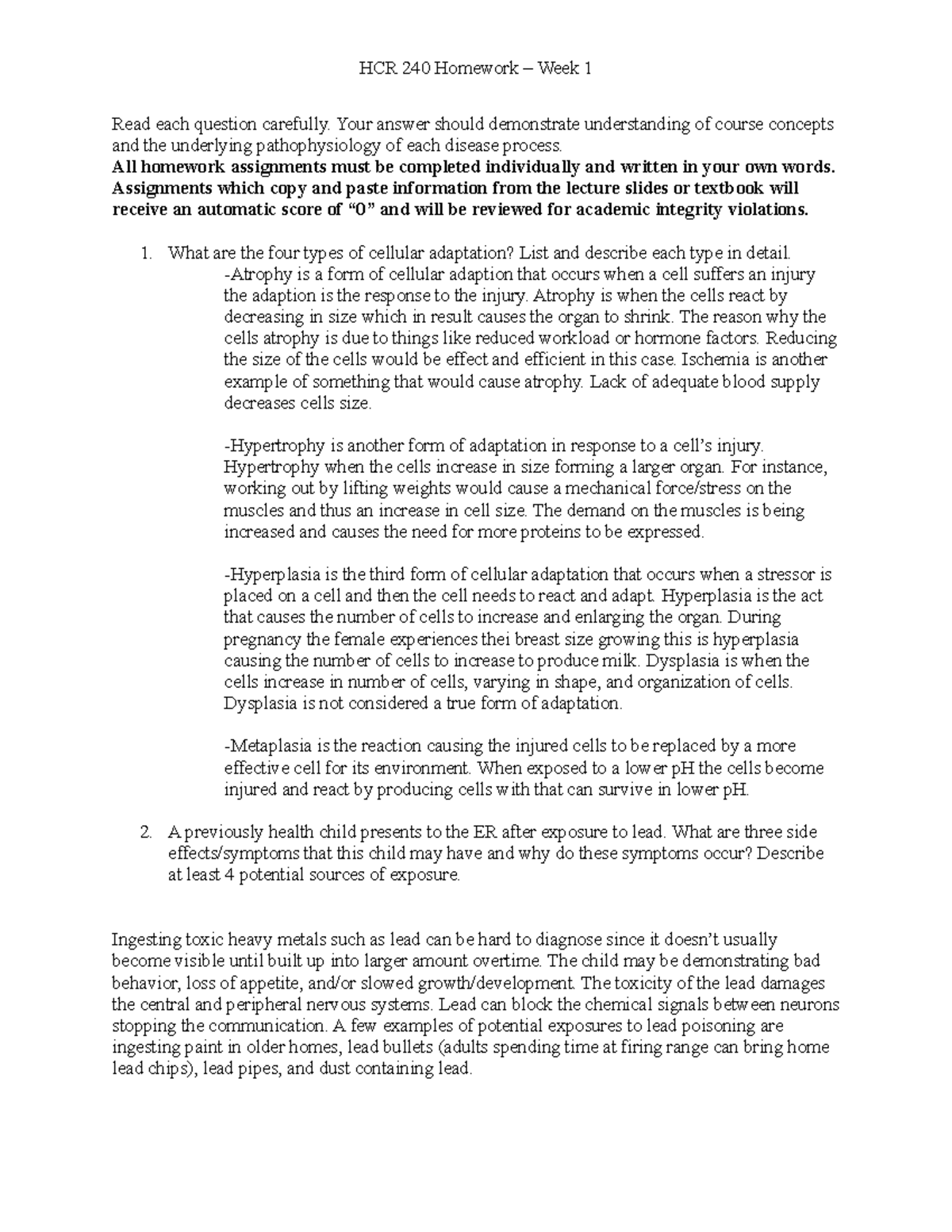 Homework week 1 Patho - vgbhjnkl - Read each question carefully. Your answer should demonstrate ...