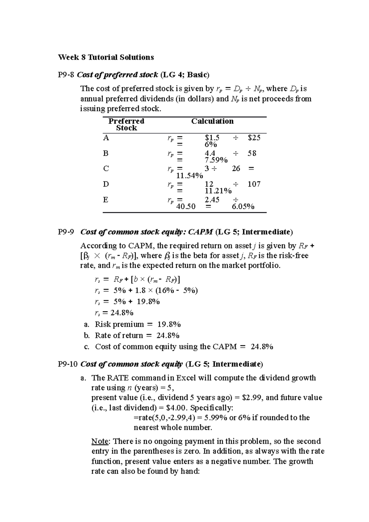 Week 8 COC Tutorial solutions - Week 8 Tutorial Solutions P9-8 Cost of ...