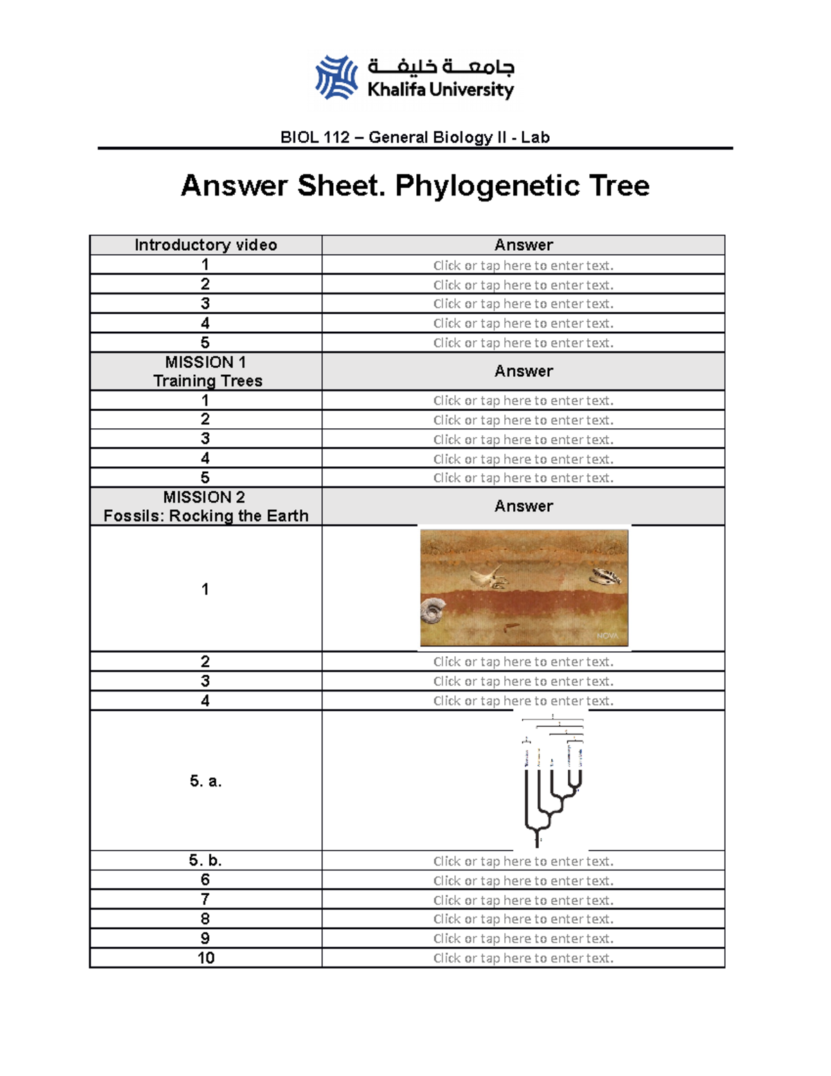 Answer Sheet. Phylogenetic Tree - BIOL 112 – General Biology II - Lab ...