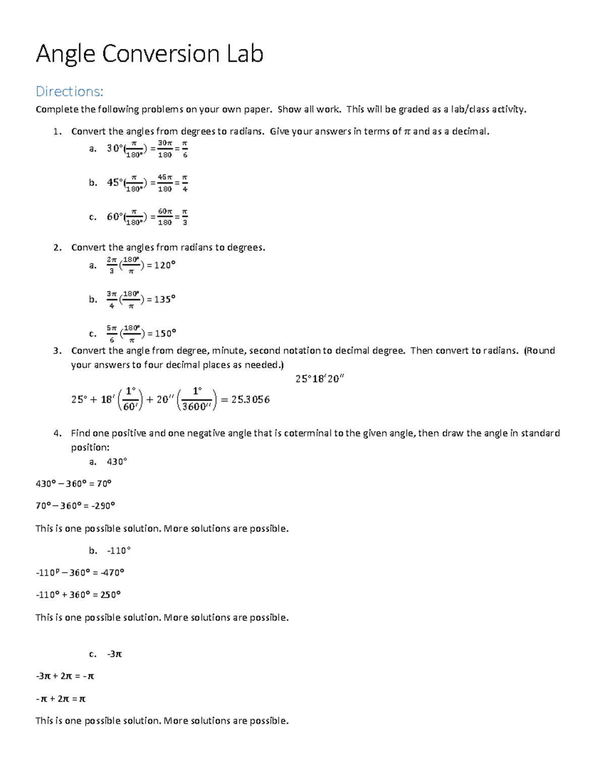 4.1 Angle Measure Conversion Activity Solutions - Angle Conversion Lab ...