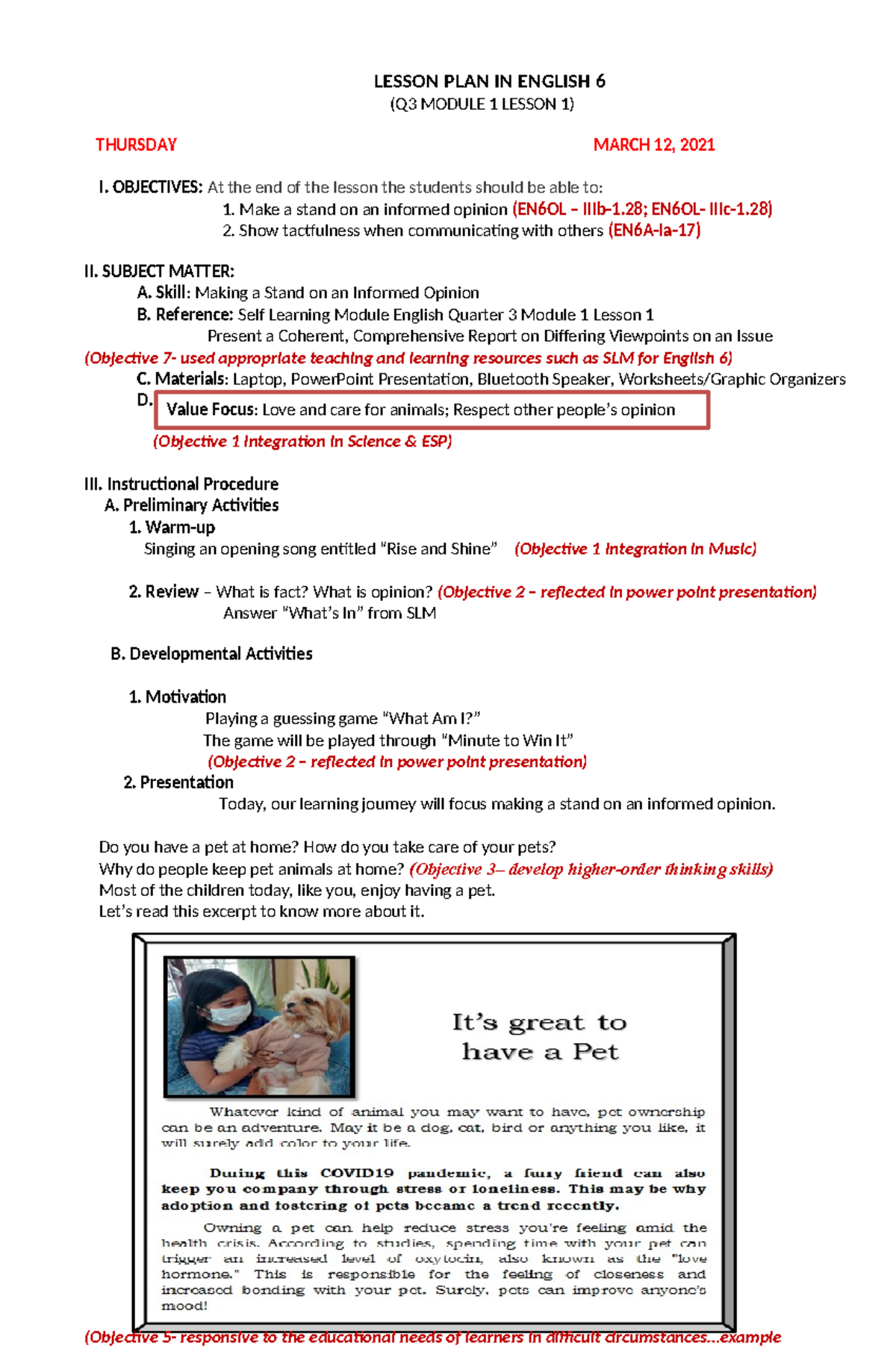 CO#1 Lesson PLAN IN English 6 Q3 Week 1 for demo teaching by jenrap ...