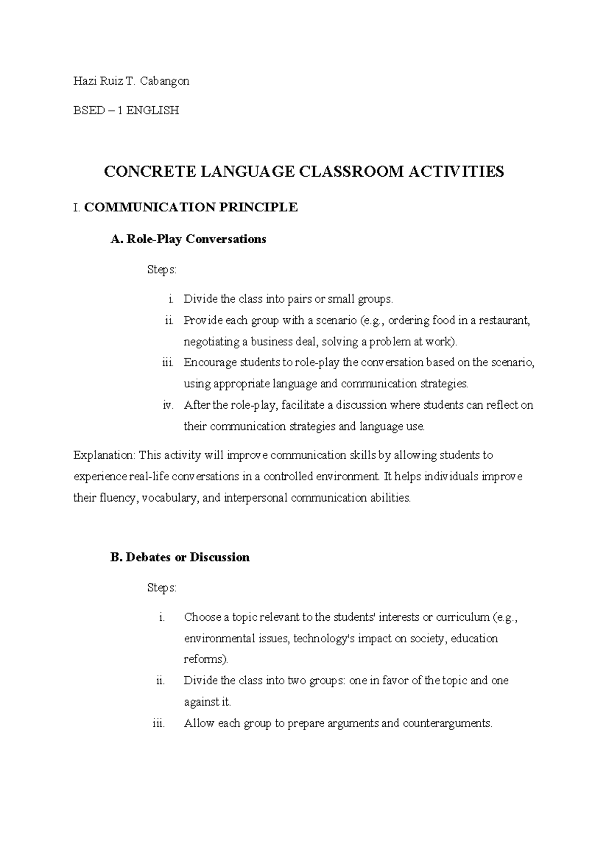 Concrete Language Classroom Activities - Hazi Ruiz T. Cabangon BSED – 1 ...