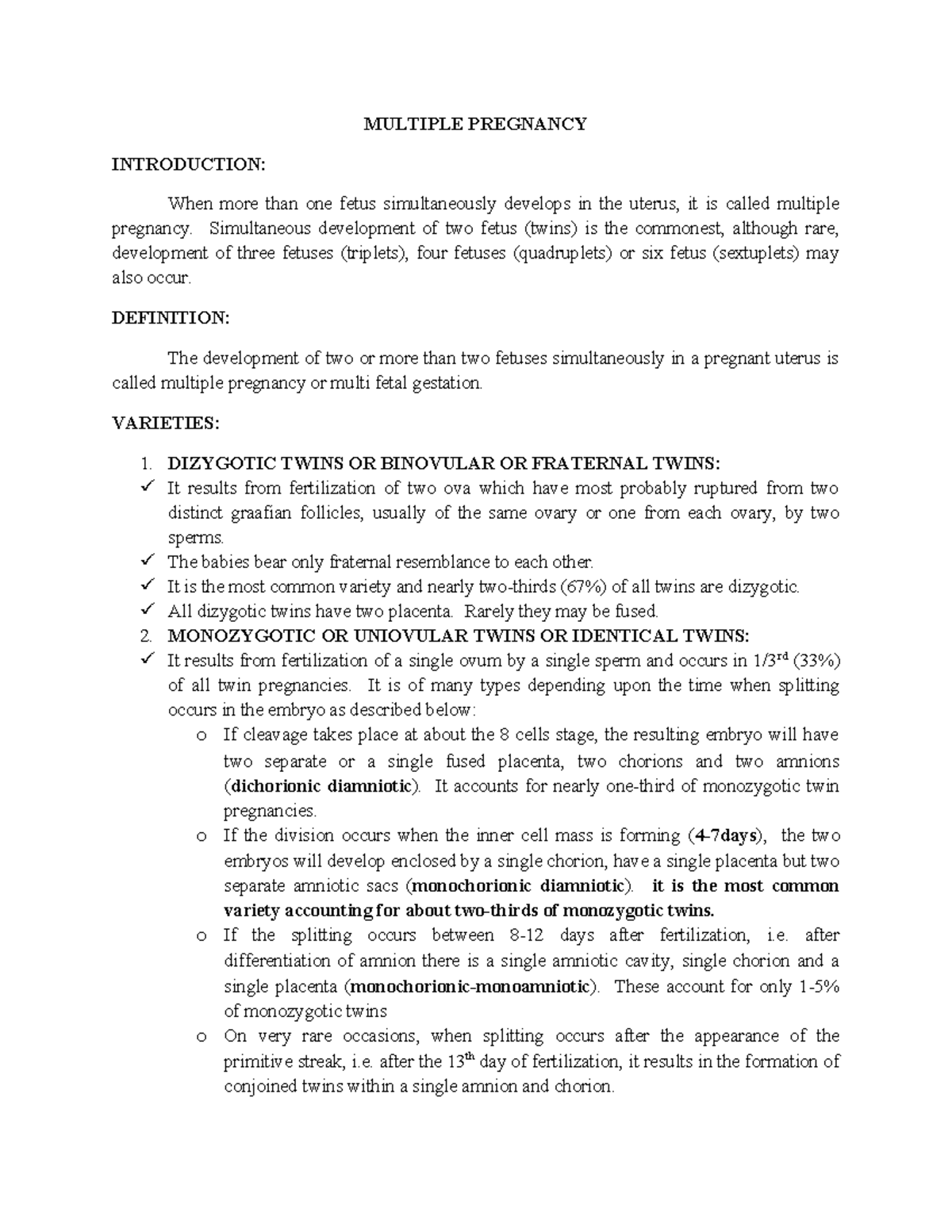 Multiple Pregnancy-1 - Notes - MULTIPLE PREGNANCY INTRODUCTION: When ...