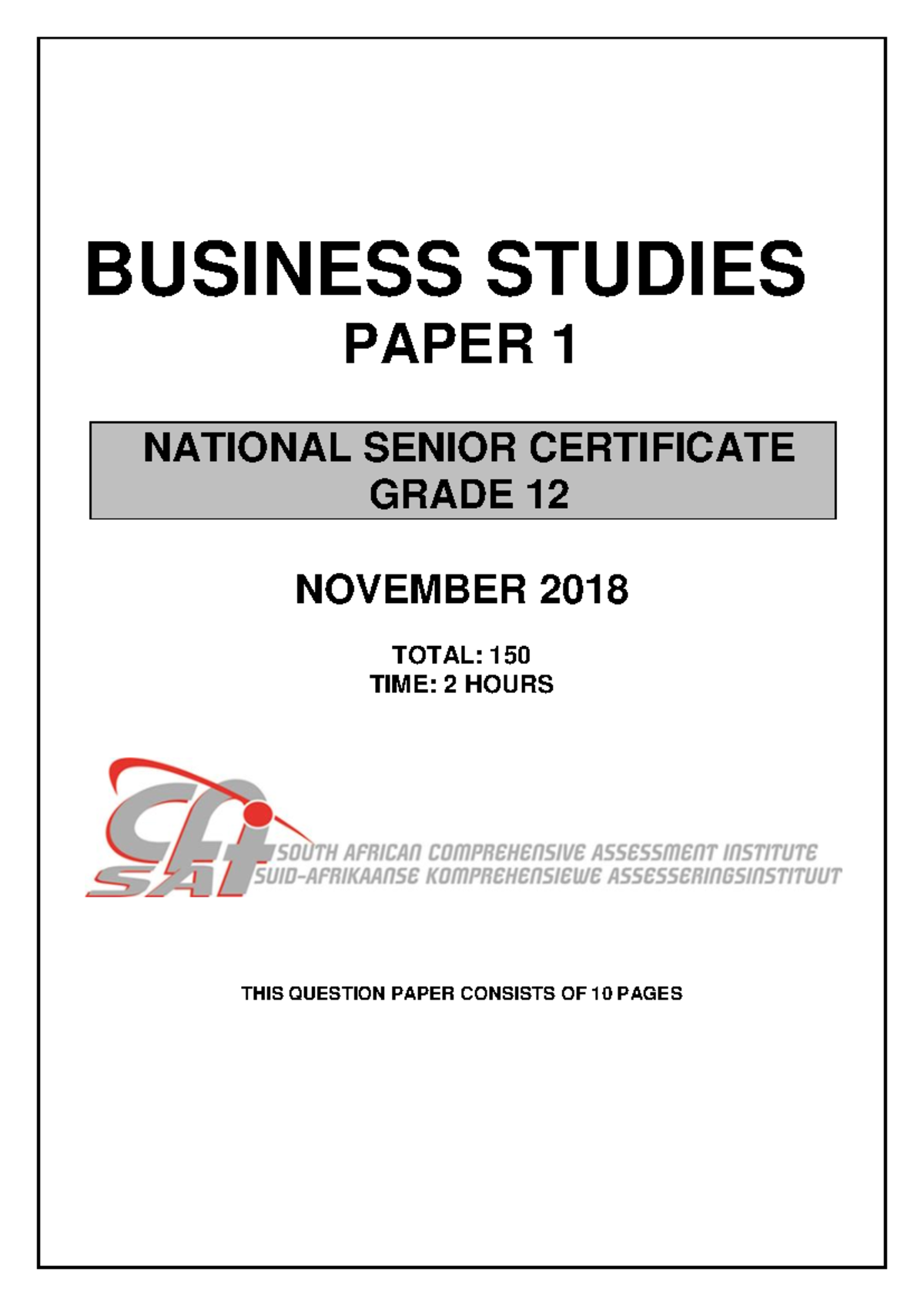 Business Studies P1 NOV2018 Past paper - BUSINESS STUDIES PAPER 1 ...