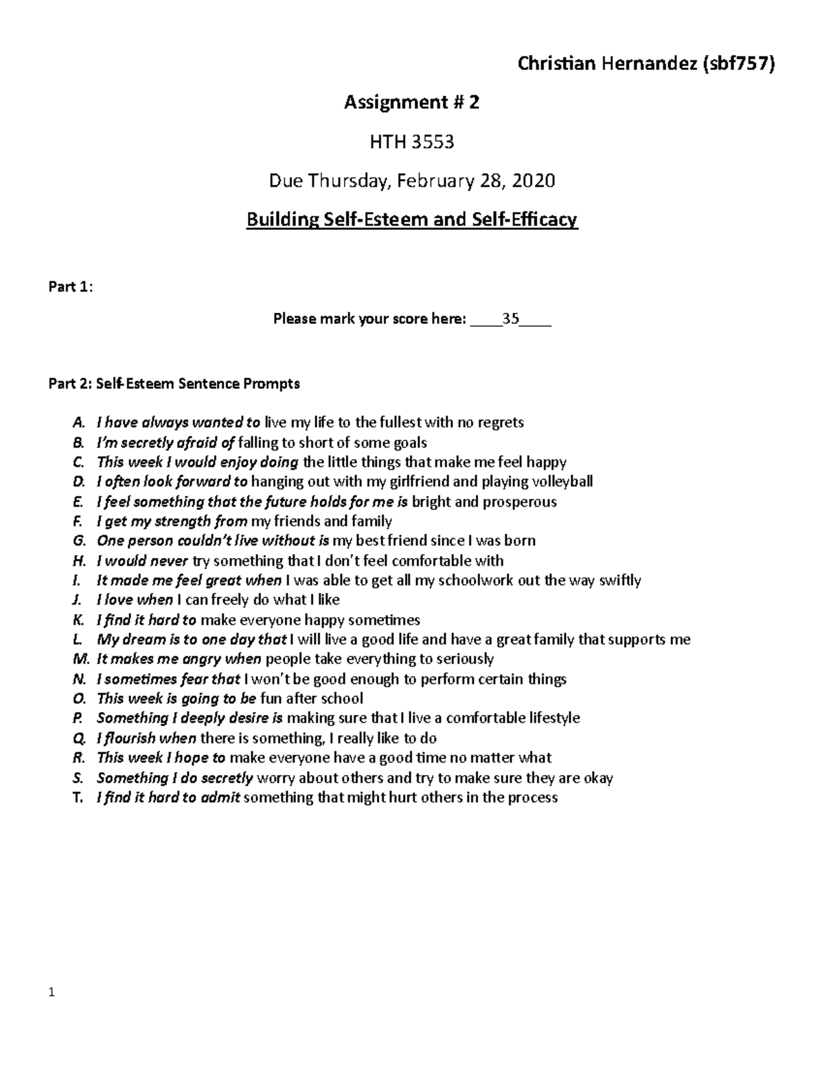 Assignment #2 Self Esteem -Self Efficacy - Christian Hernandez (sbf757 ...