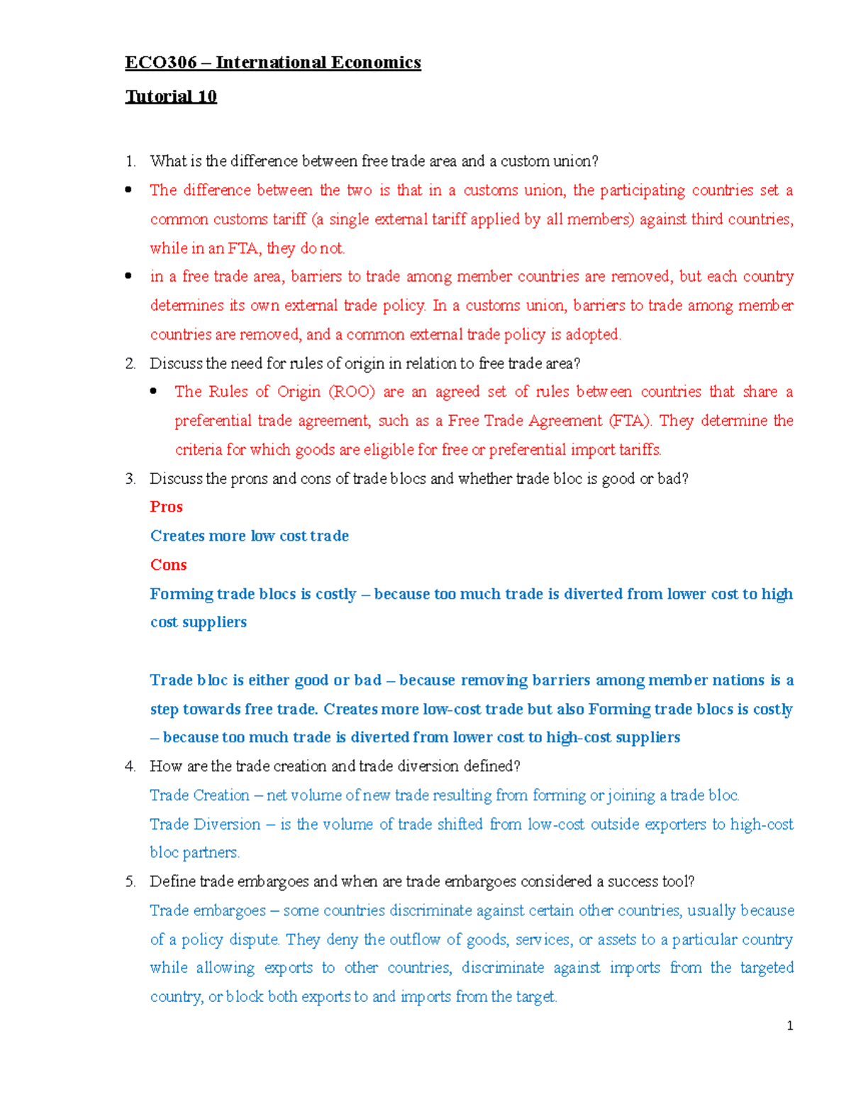 Tutorial 10 - ECO306 – International Economics Tutorial 10 What is the difference between free ...