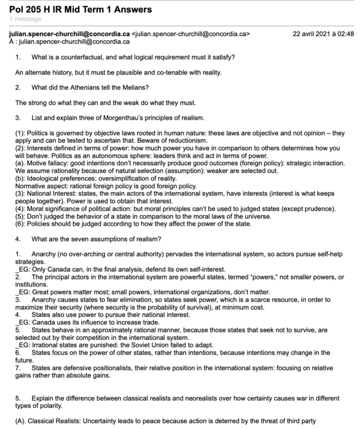Midterm One - Pol 205 H IR Mid Term 1 Answers 1 message 22 avril 2021 à ...