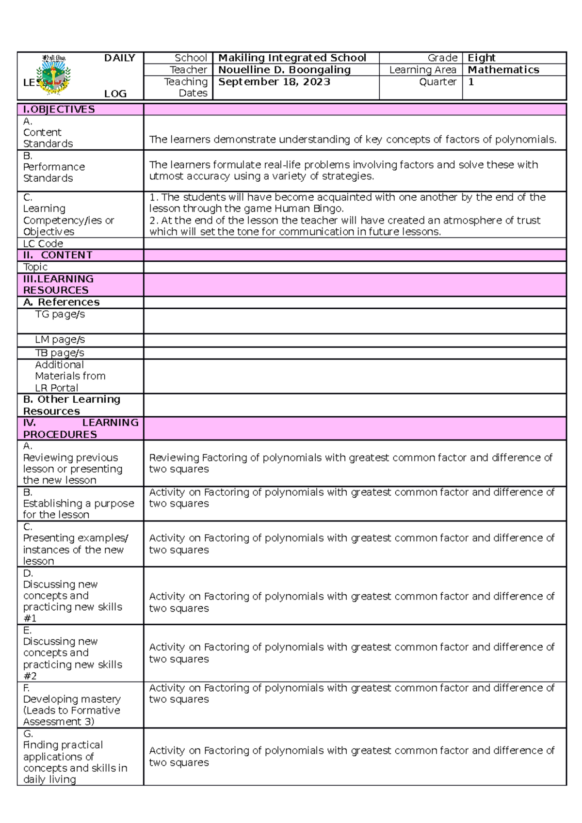 Activity - DAILY LESSON LOG School Makiling Integrated School Grade ...