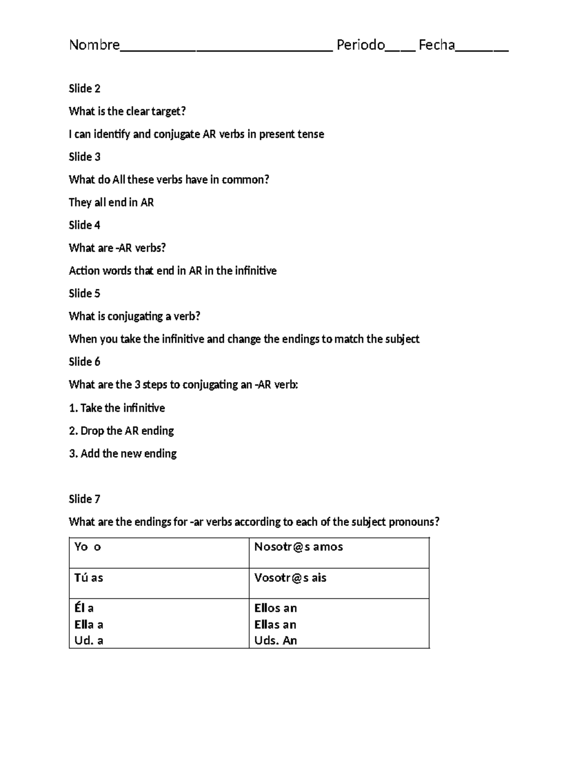 Present tense of -AR verbs Guided notes - Nombre ...