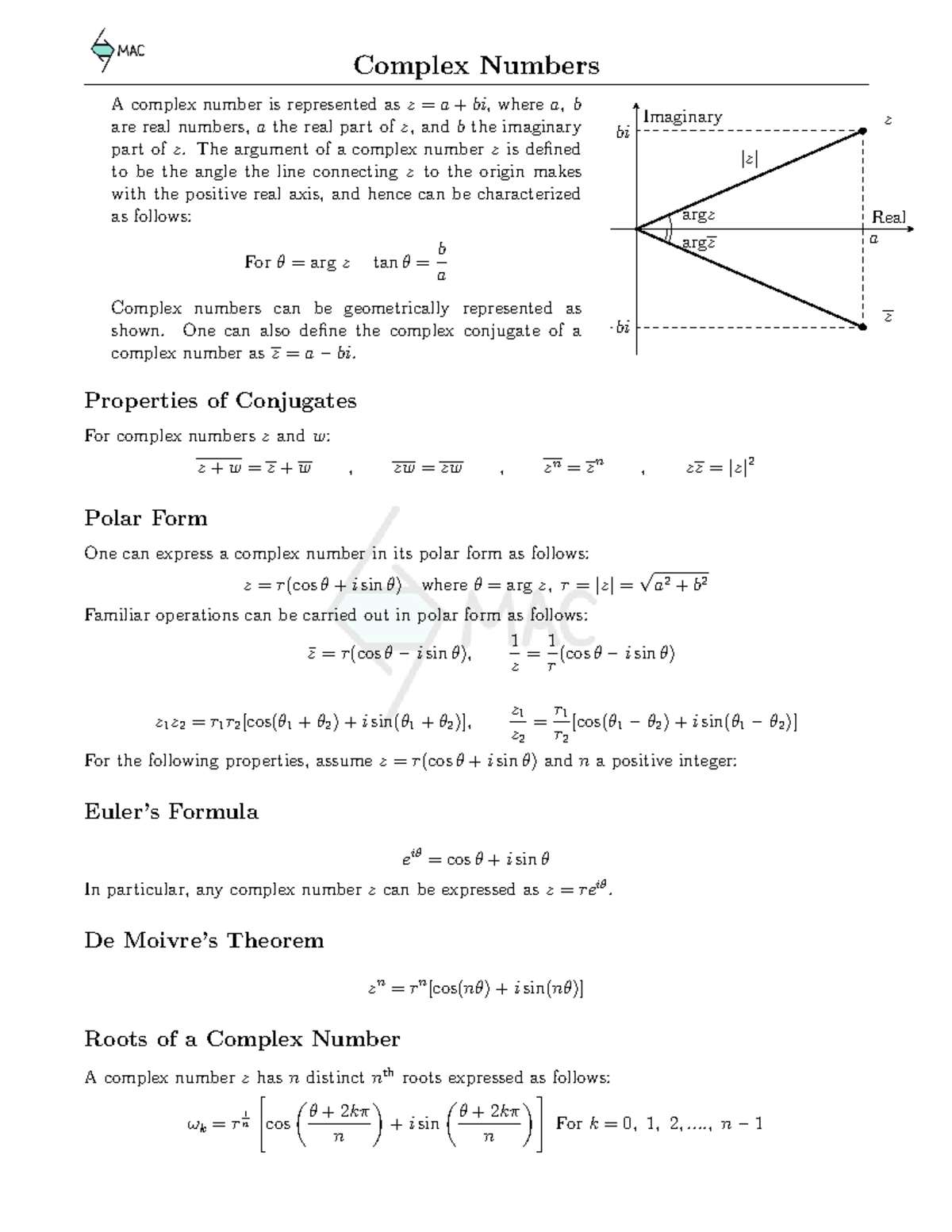 171 Complex Numbers - Highly summarized and concise lecture notes/study ...