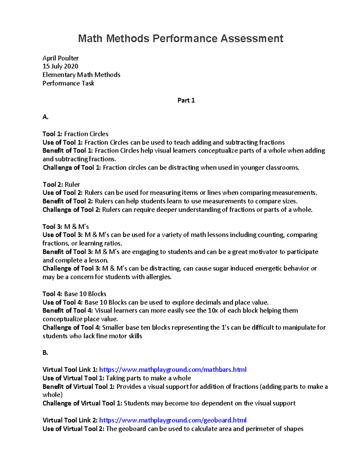 Poulter Math Methods PT - Math Methods Performance Assessment April ...