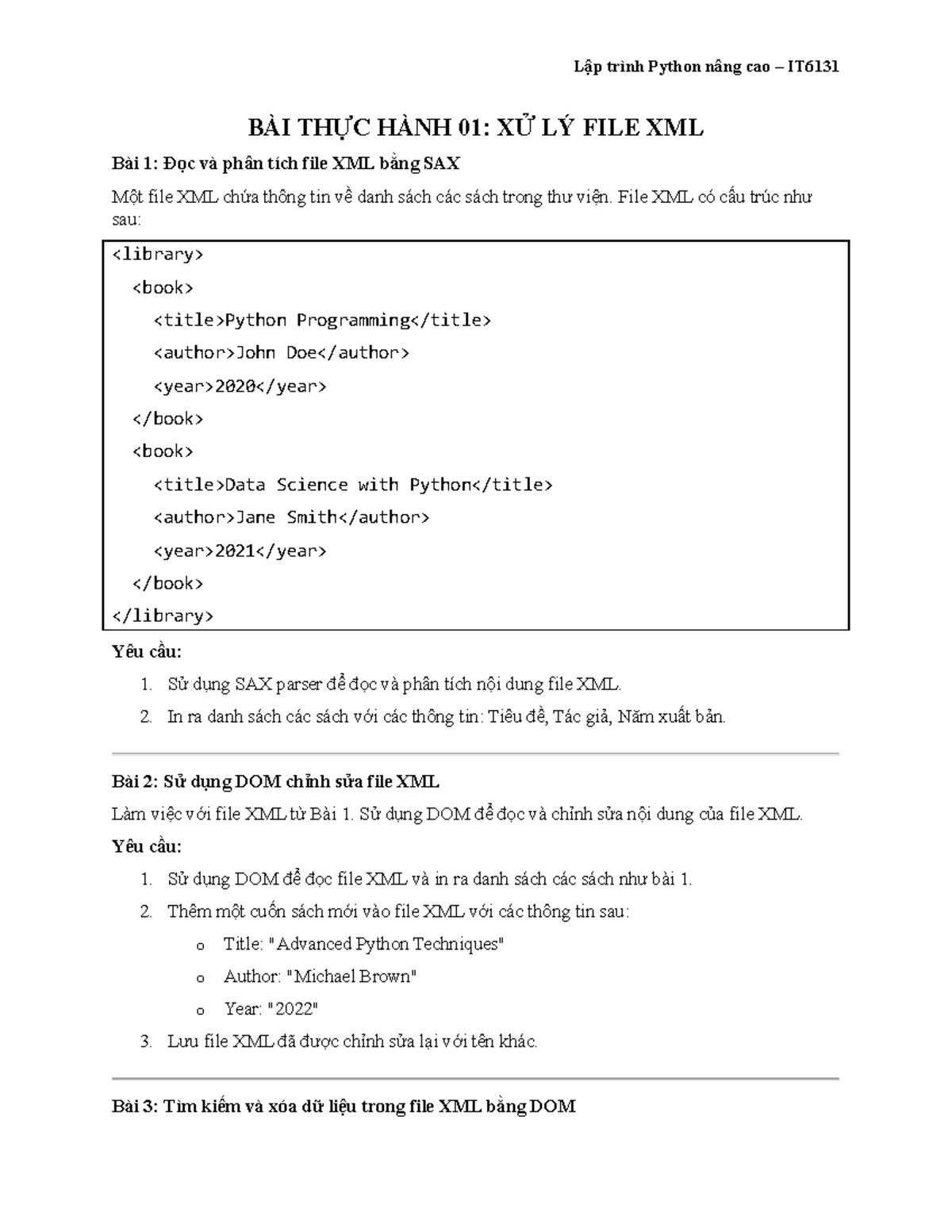 Thuc hanh 1 - XML - xml in python - BÀI THỰC HÀNH 01: XỬ LÝ FILE XML Bài 1: Đọc và phân tích ...