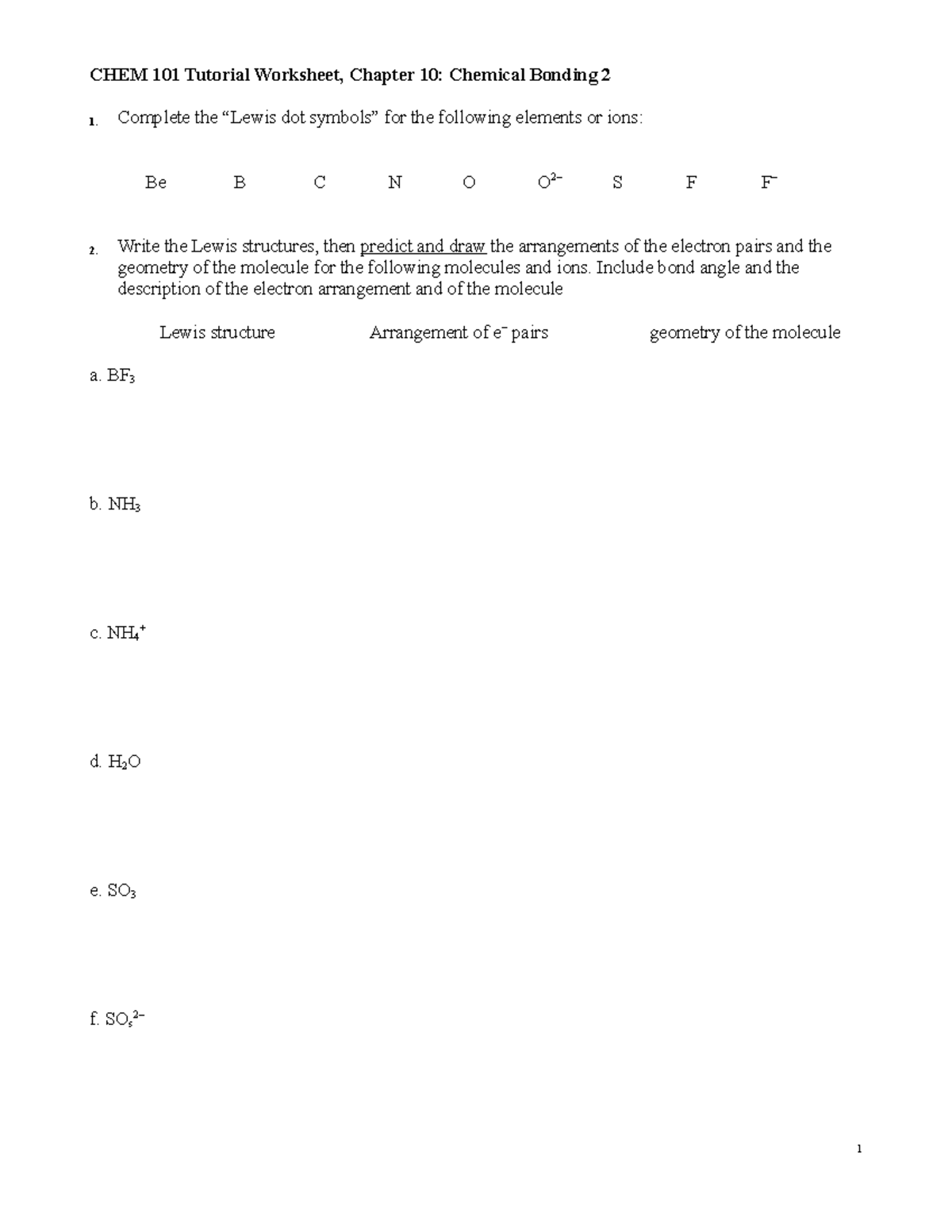 Homework Chapter 10 - CHEM 101 Tutorial Worksheet, Chapter 10: Chemical ...