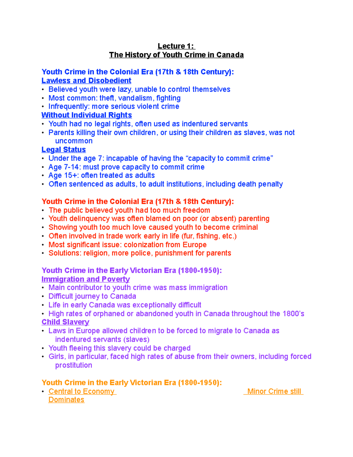 Crim 210-Lecture 1 - Lecture notes 1 - Lecture 1: The History of Youth ...