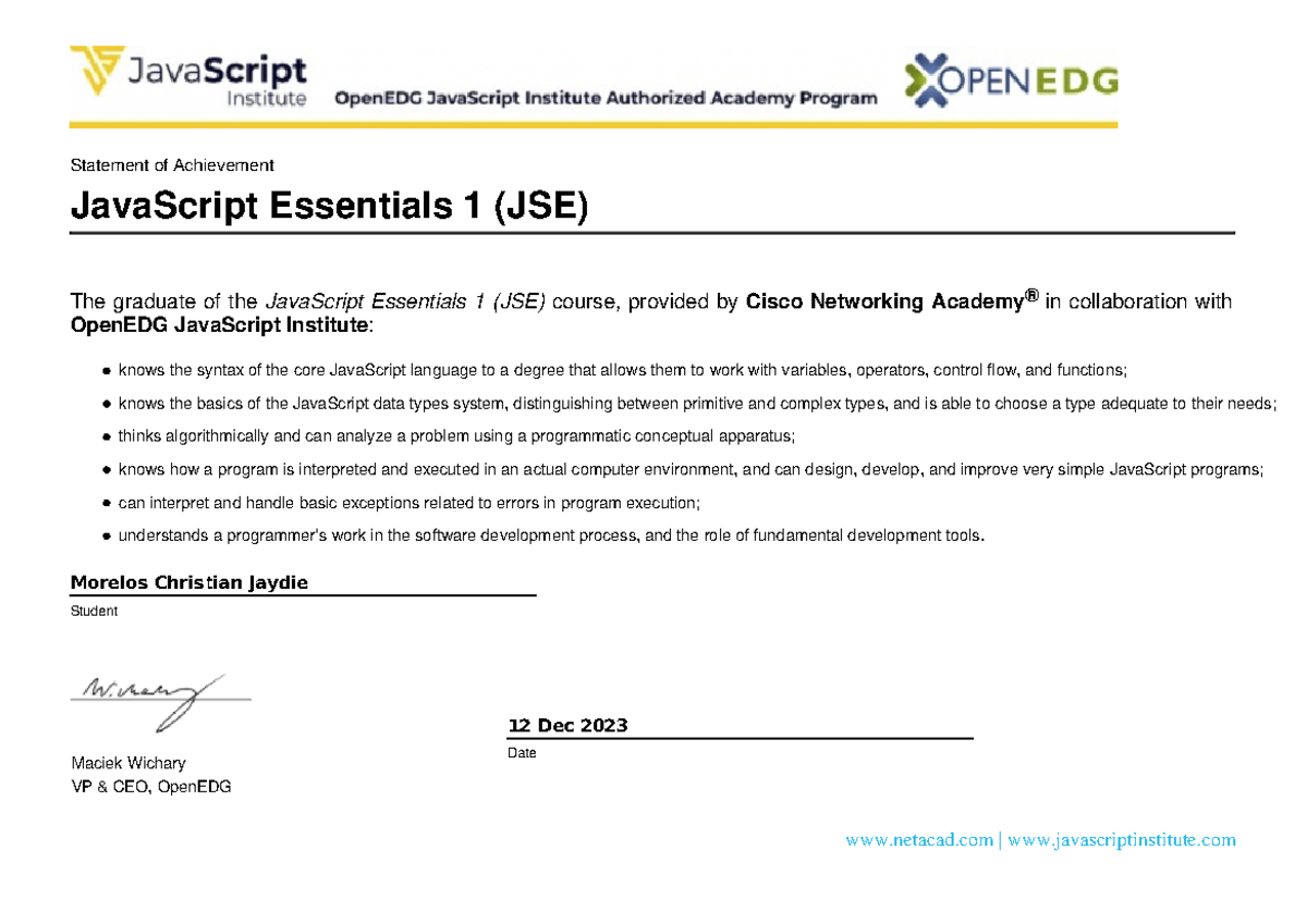 Javascript Essentials 1 (JSE) - Statement of Achievement JavaScript Essentials 1 (JSE) The ...