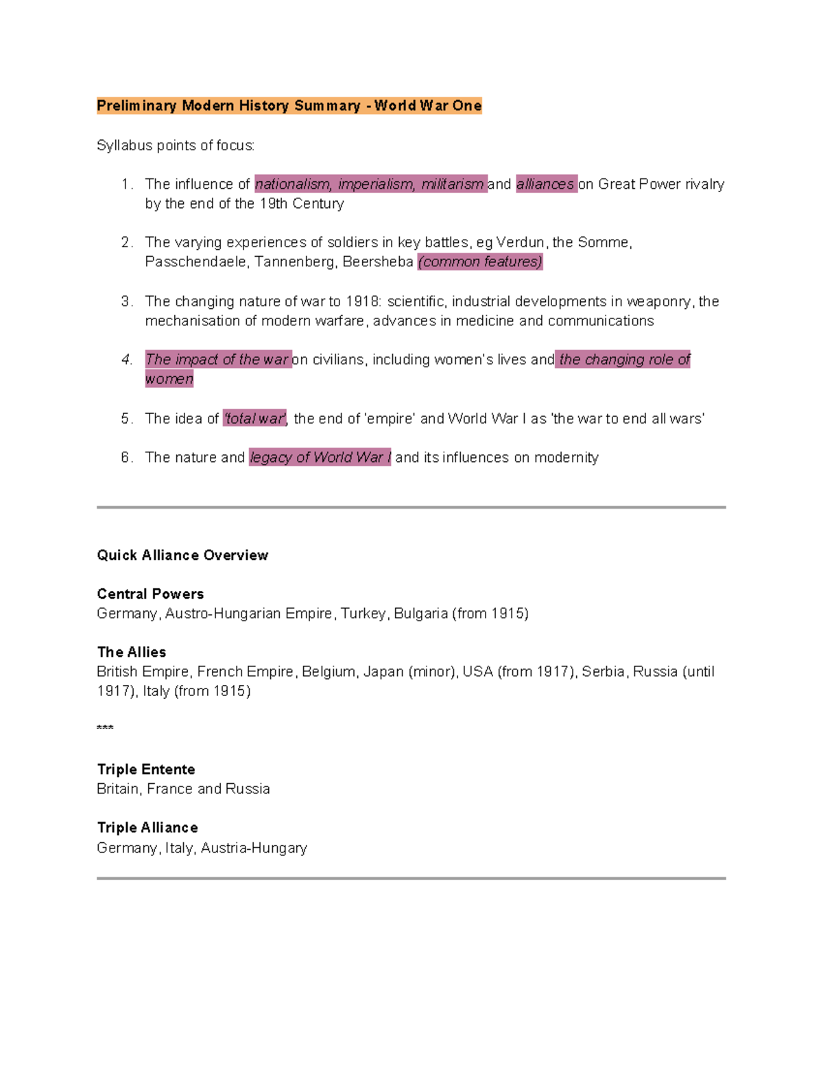 Modern Summary - WW1 - Part 1 - Preliminary Modern History Summary ...