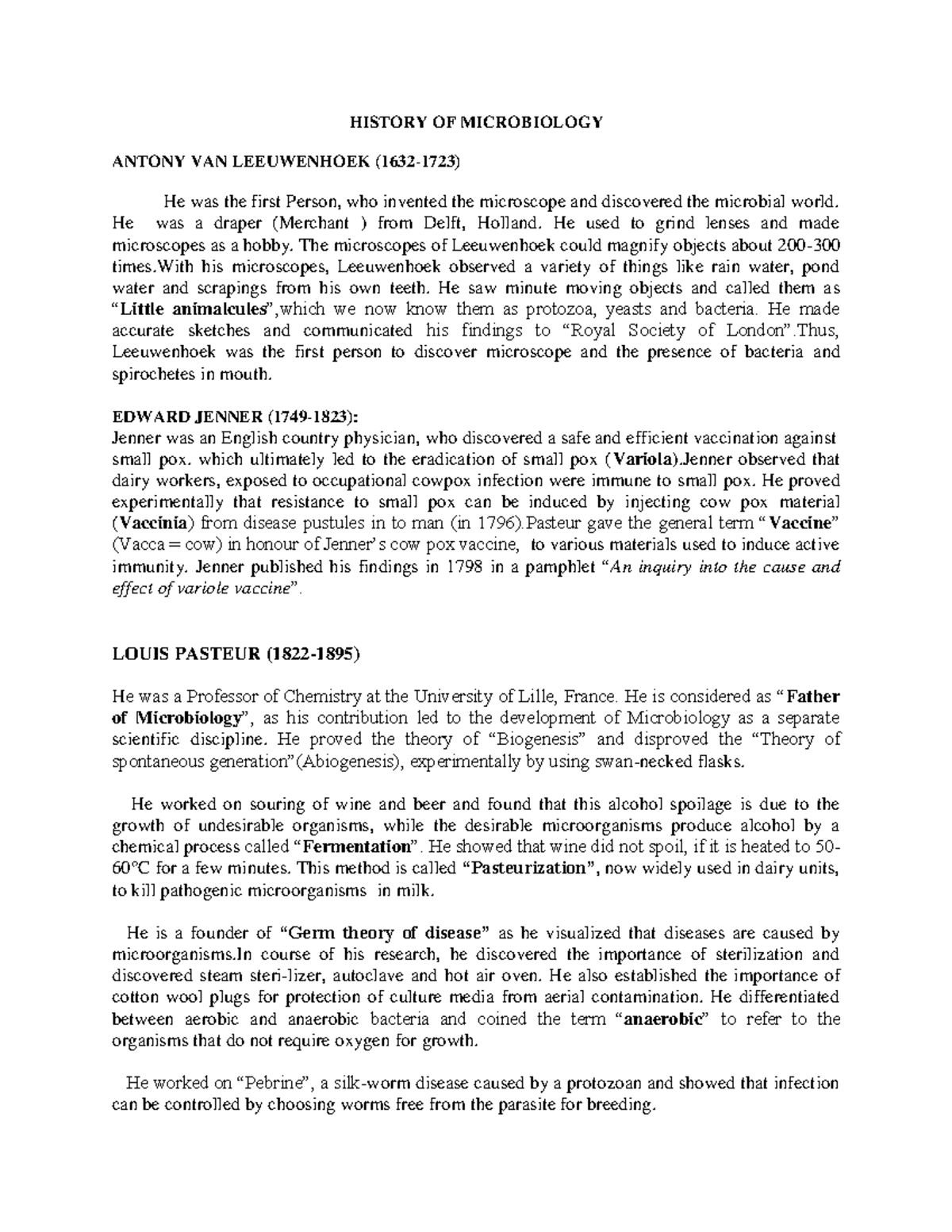 History of Microbiology - HISTORY OF MICROBIOLOGY ANTONY VAN ...