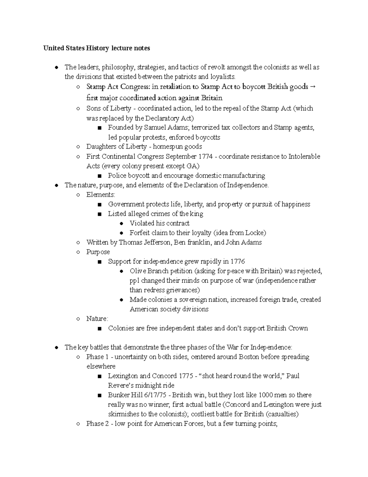 Studoc US history lecture notes - United States History lecture notes ...