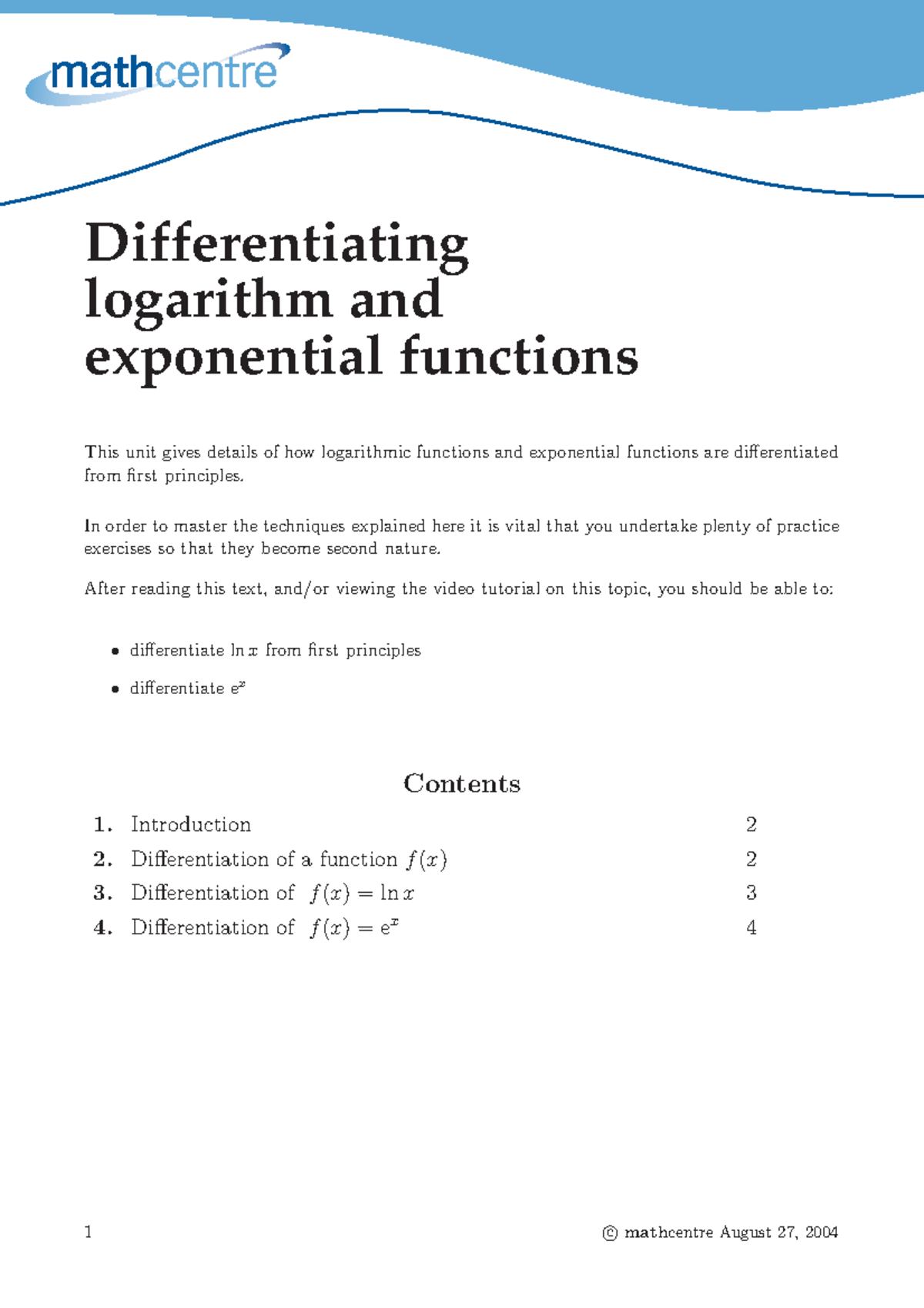 past exam papers - Differentiating logarithm and exponential functions ...