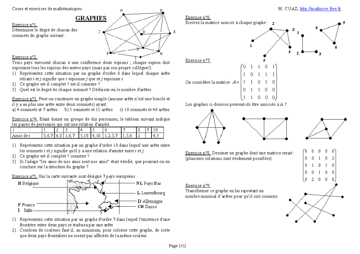 Graphes Exoscorriges - GRAPHES ####### Exercice n∞1. ####### DÈterminer le degrÈ de chacun des ...