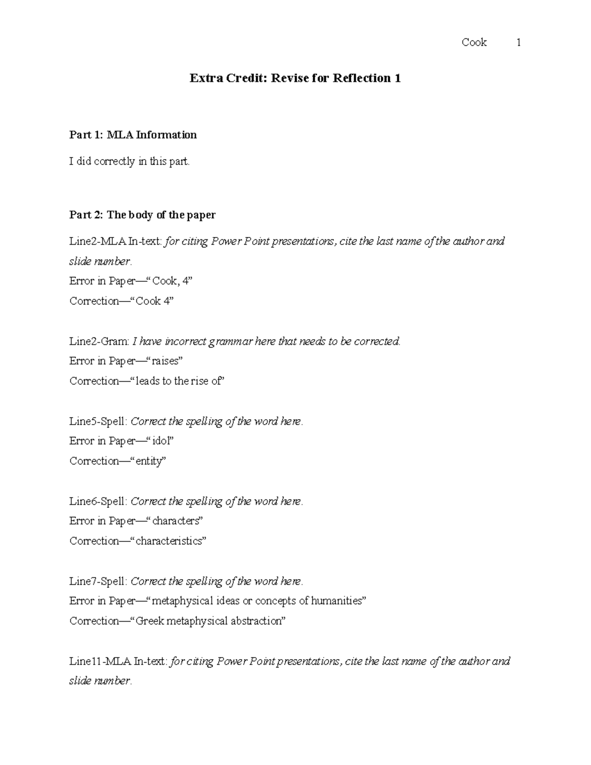 Extra Credit for Reflection 1 - Cook Extra Credit: Revise for ...