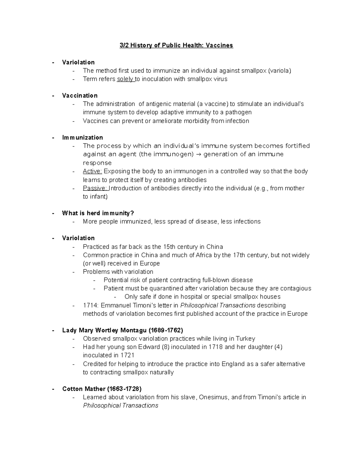 3 2 Public Health - 3/2 History of Public Health: Vaccines Variolation ...