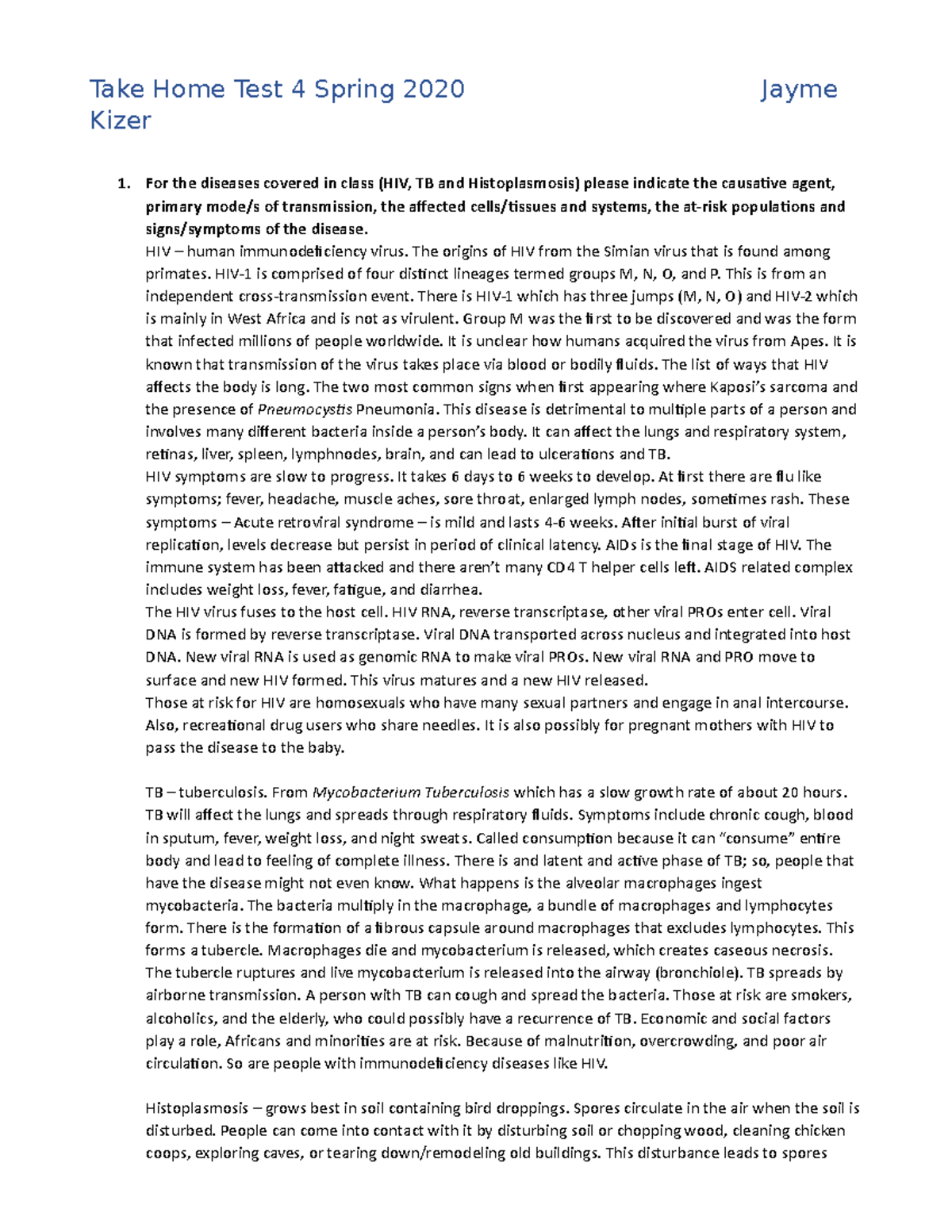 TAKE HOME 4 - Take home test 4 - Take Home Test 4 Spring 2020 Jayme ...
