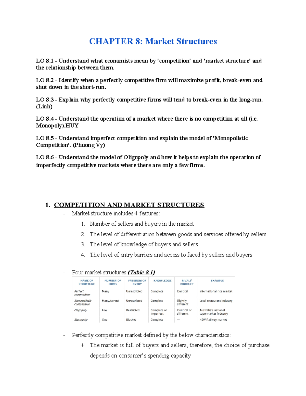 EIM3-T124WSB - Group 1 - Summary Chapter 8 Market Structures - CHAPTER ...