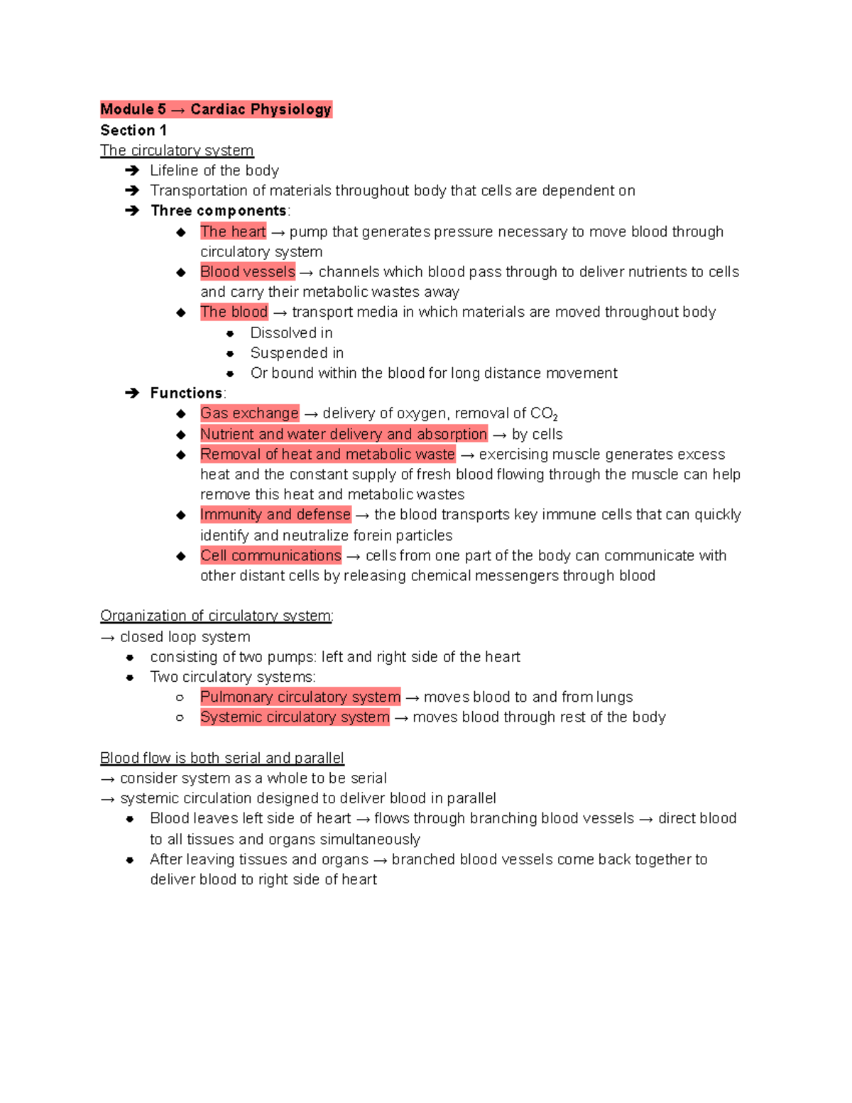 notes PHGY 215 Module 5 - Module 5 → Cardiac Physiology Section 1 The ...